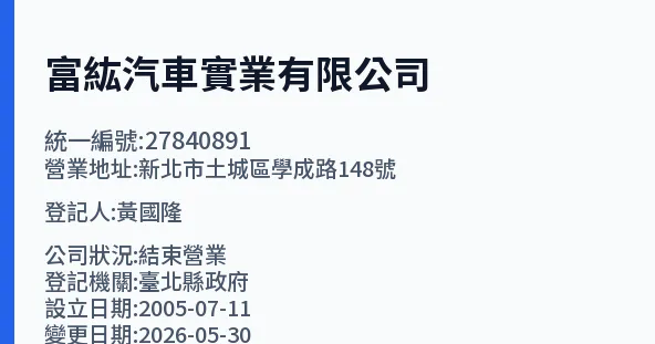 富紘汽車實業有限公司的照片-統編 27840891(新北市) 公司登記資料與營業項目詳細圖表