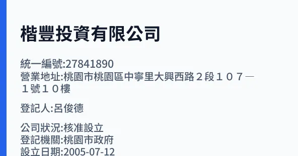 楷豐投資有限公司的照片-統編 27841890(桃園市) 公司登記資料與營業項目詳細圖表