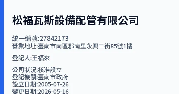 松福瓦斯設備配管有限公司的照片-統編 27842173(臺南市) 公司登記資料與營業項目詳細圖表