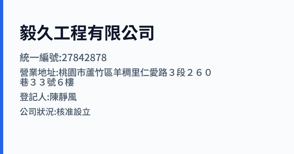 毅久工程有限公司 - 統編 27842878(桃園市) 公司登記資料與營業項目詳細圖表