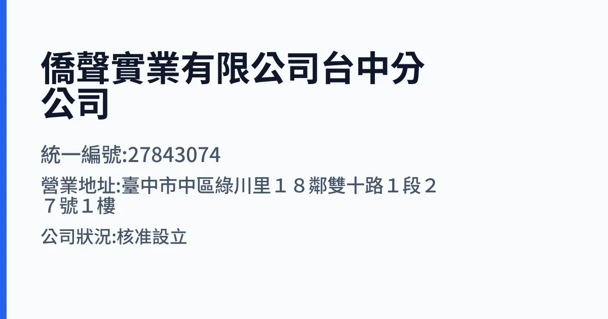 僑聲實業有限公司台中分公司 - 統編 27843074(臺中市) 公司登記資料與營業項目詳細圖表