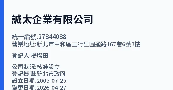 誠太企業有限公司的照片-統編 27844088(新北市) 公司登記資料與營業項目詳細圖表