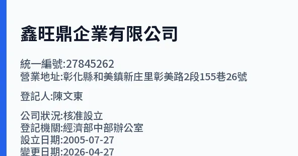 鑫旺鼎企業有限公司的照片-統編 27845262(彰化縣) 公司登記資料與營業項目詳細圖表