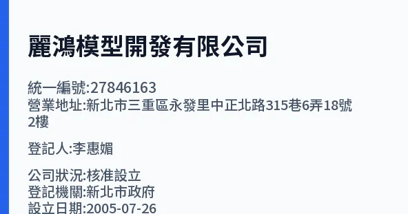 麗鴻模型開發有限公司的照片-統編 27846163(新北市) 公司登記資料與營業項目詳細圖表