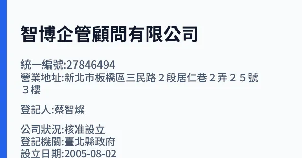 智博企管顧問有限公司的照片-統編 27846494(新北市) 公司登記資料與營業項目詳細圖表