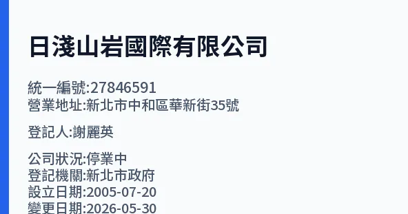 日淺山岩國際有限公司的照片-統編 27846591(新北市) 公司登記資料與營業項目詳細圖表