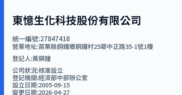 東憶生化科技股份有限公司的照片-統編 27847418(苗栗縣) 公司登記資料與營業項目詳細圖表