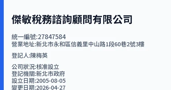 傑敏稅務諮詢顧問有限公司的照片-統編 27847584(新北市) 公司登記資料與營業項目詳細圖表