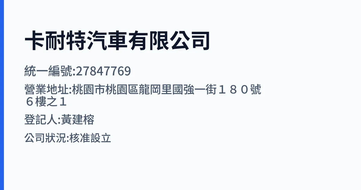 卡耐特汽車有限公司 - 統編 27847769(桃園市) 公司登記資料與營業項目詳細圖表