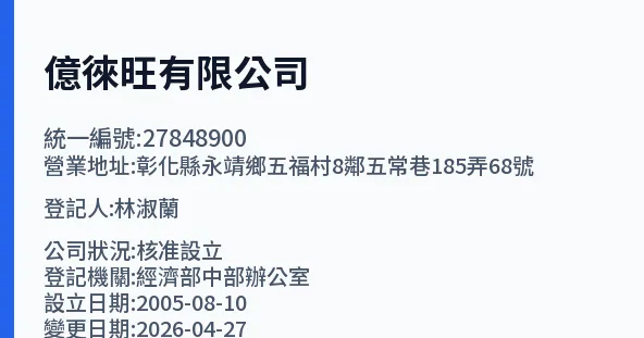 億徠旺有限公司的照片-統編 27848900(彰化縣) 公司登記資料與營業項目詳細圖表