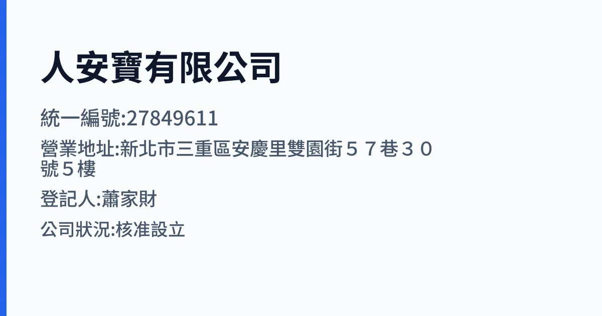 人安寶有限公司 - 統編 27849611(新北市) 公司登記資料與營業項目詳細圖表