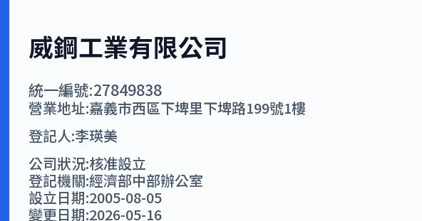 威鋼工業有限公司的照片-統編 27849838(嘉義市) 公司登記資料與營業項目詳細圖表