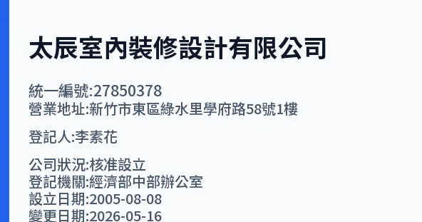 太辰室內裝修設計有限公司的照片-統編 27850378(新竹市) 公司登記資料與營業項目詳細圖表