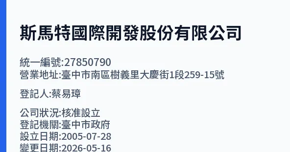 斯馬特國際開發股份有限公司的照片-統編 27850790(臺中市) 公司登記資料與營業項目詳細圖表