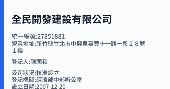 全民開發建設有限公司的照片-統編 27851881(新竹縣) 公司登記資料與營業項目詳細圖表