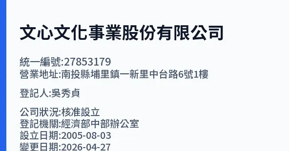 文心文化事業股份有限公司的照片-統編 27853179(南投縣) 公司登記資料與營業項目詳細圖表