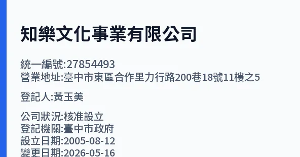知樂文化事業有限公司的照片-統編 27854493(臺中市) 公司登記資料與營業項目詳細圖表