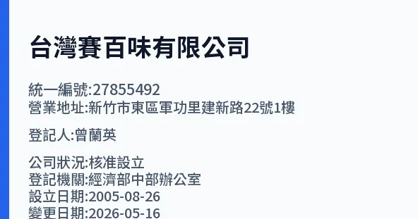 台灣賽百味有限公司的照片-統編 27855492(新竹市) 公司登記資料與營業項目詳細圖表