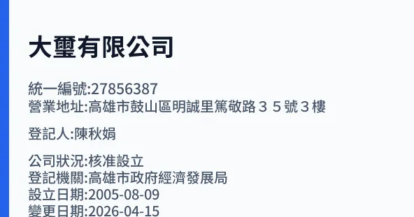 大璽有限公司的照片-統編 27856387(高雄市) 公司登記資料與營業項目詳細圖表