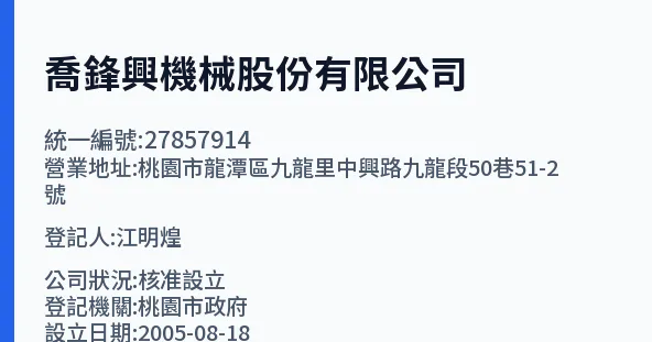 喬鋒興機械股份有限公司的照片-統編 27857914(桃園市) 公司登記資料與營業項目詳細圖表