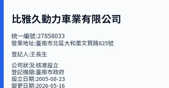比雅久動力車業有限公司的照片-統編 27858033(臺南市) 公司登記資料與營業項目詳細圖表