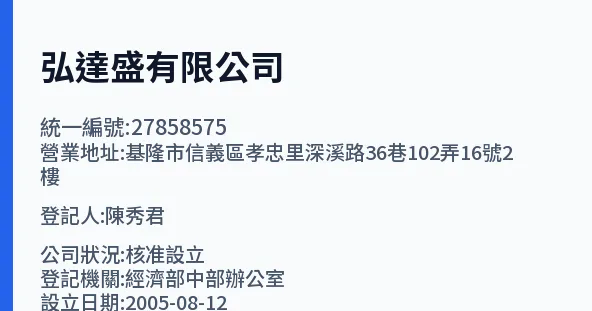 弘達盛有限公司的照片-統編 27858575(基隆市) 公司登記資料與營業項目詳細圖表