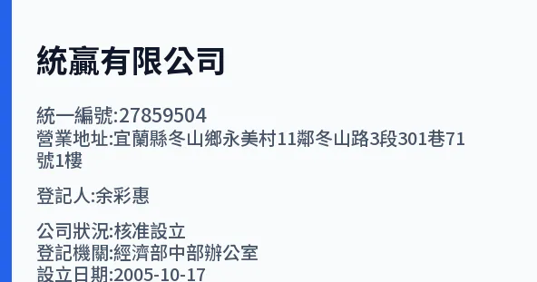 統贏有限公司的照片-統編 27859504(宜蘭縣) 公司登記資料與營業項目詳細圖表