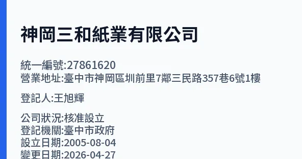 神岡三和紙業有限公司的照片-統編 27861620(臺中市) 公司登記資料與營業項目詳細圖表