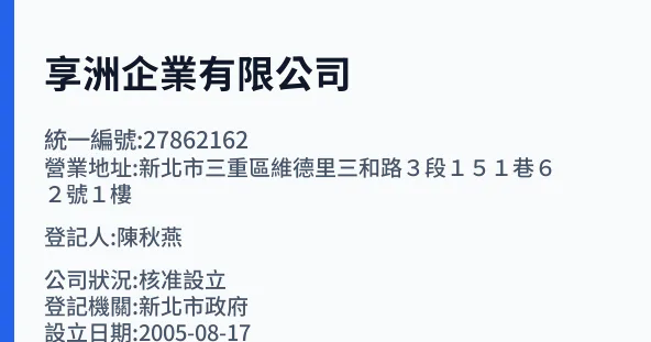 享洲企業有限公司的照片-統編 27862162(新北市) 公司登記資料與營業項目詳細圖表