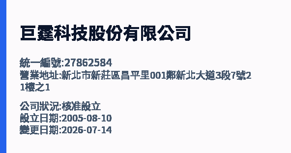 巨霆科技股份有限公司的照片-統編 27862584 公司登記資料與營業項目詳細圖表