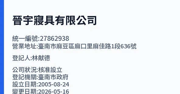 晉宇寢具有限公司的照片-統編 27862938(臺南市) 公司登記資料與營業項目詳細圖表