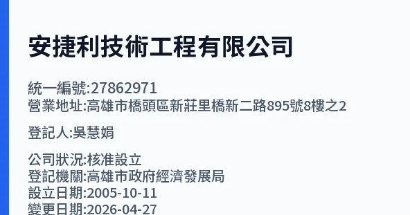 安捷利技術工程有限公司的照片-統編 27862971(高雄市) 公司登記資料與營業項目詳細圖表