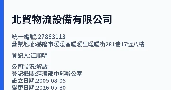 北貿物流設備有限公司的照片-統編 27863113(基隆市) 公司登記資料與營業項目詳細圖表