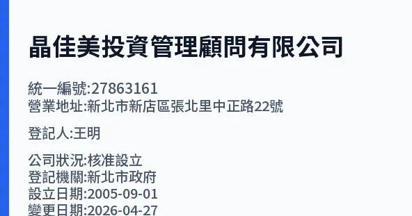 晶佳美投資管理顧問有限公司的照片-統編 27863161(新北市) 公司登記資料與營業項目詳細圖表