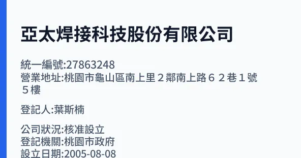 亞太焊接科技股份有限公司的照片-統編 27863248(桃園市) 公司登記資料與營業項目詳細圖表