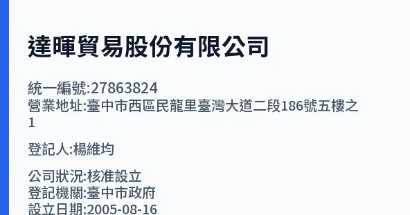 達暉貿易股份有限公司的照片-統編 27863824(臺中市) 公司登記資料與營業項目詳細圖表
