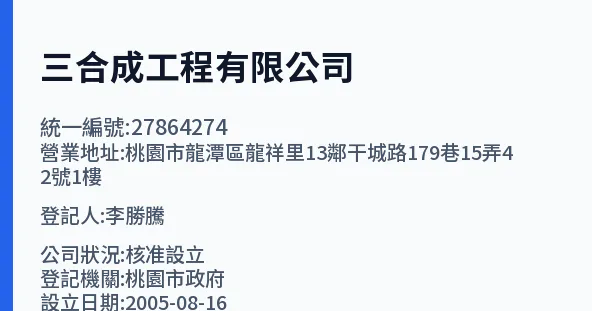 三合成工程有限公司的照片-統編 27864274(桃園市) 公司登記資料與營業項目詳細圖表