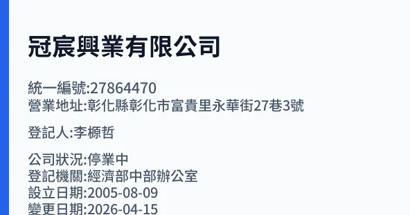 冠宸興業有限公司的照片-統編 27864470(彰化縣) 公司登記資料與營業項目詳細圖表