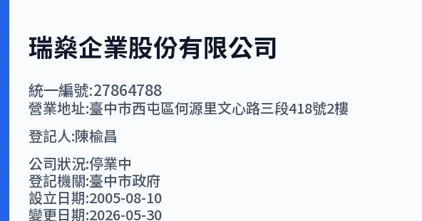 瑞燊企業股份有限公司的照片-統編 27864788(臺中市) 公司登記資料與營業項目詳細圖表