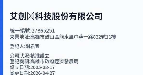 艾創爲科技股份有限公司的照片-統編 27865251(高雄市) 公司登記資料與營業項目詳細圖表