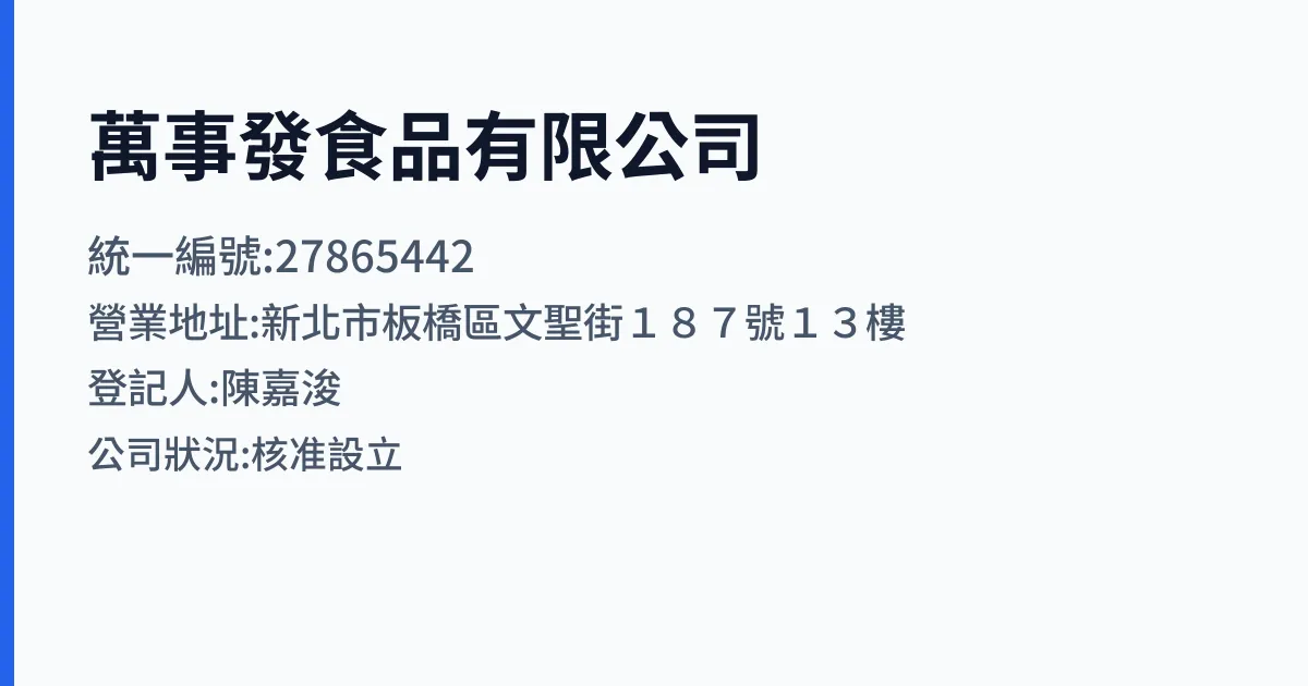 萬事發食品有限公司 - 統編 27865442(新北市) 公司登記資料與營業項目詳細圖表