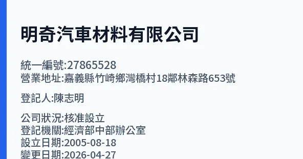 明奇汽車材料有限公司的照片-統編 27865528(嘉義縣) 公司登記資料與營業項目詳細圖表
