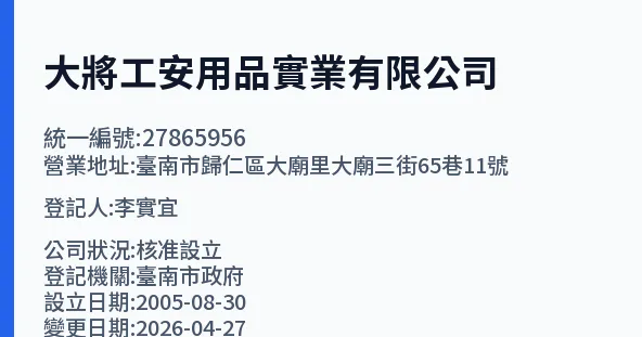 大將工安用品實業有限公司的照片-統編 27865956(臺南市) 公司登記資料與營業項目詳細圖表