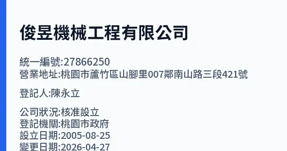 俊昱機械工程有限公司的照片-統編 27866250(桃園市) 公司登記資料與營業項目詳細圖表
