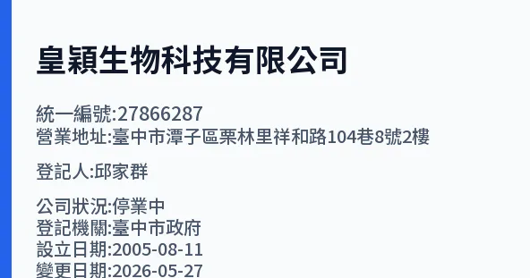皇穎生物科技有限公司的照片-統編 27866287(臺中市) 公司登記資料與營業項目詳細圖表