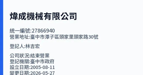 煒成機械有限公司的照片-統編 27866940(臺中市) 公司登記資料與營業項目詳細圖表