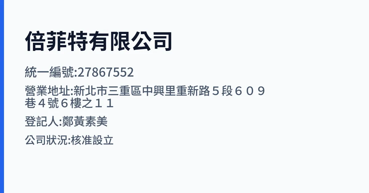 倍菲特有限公司 - 統編 27867552(新北市) 公司登記資料與營業項目詳細圖表