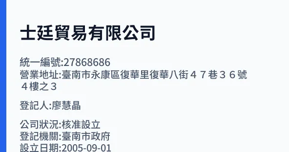 士廷貿易有限公司的照片-統編 27868686(臺南市) 公司登記資料與營業項目詳細圖表