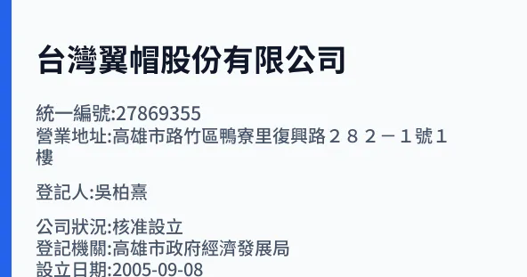 台灣翼帽股份有限公司的照片-統編 27869355(高雄市) 公司登記資料與營業項目詳細圖表