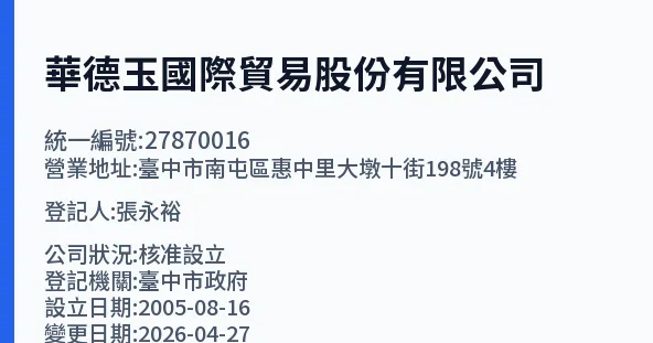 華德玉國際貿易股份有限公司的照片-統編 27870016(臺中市) 公司登記資料與營業項目詳細圖表